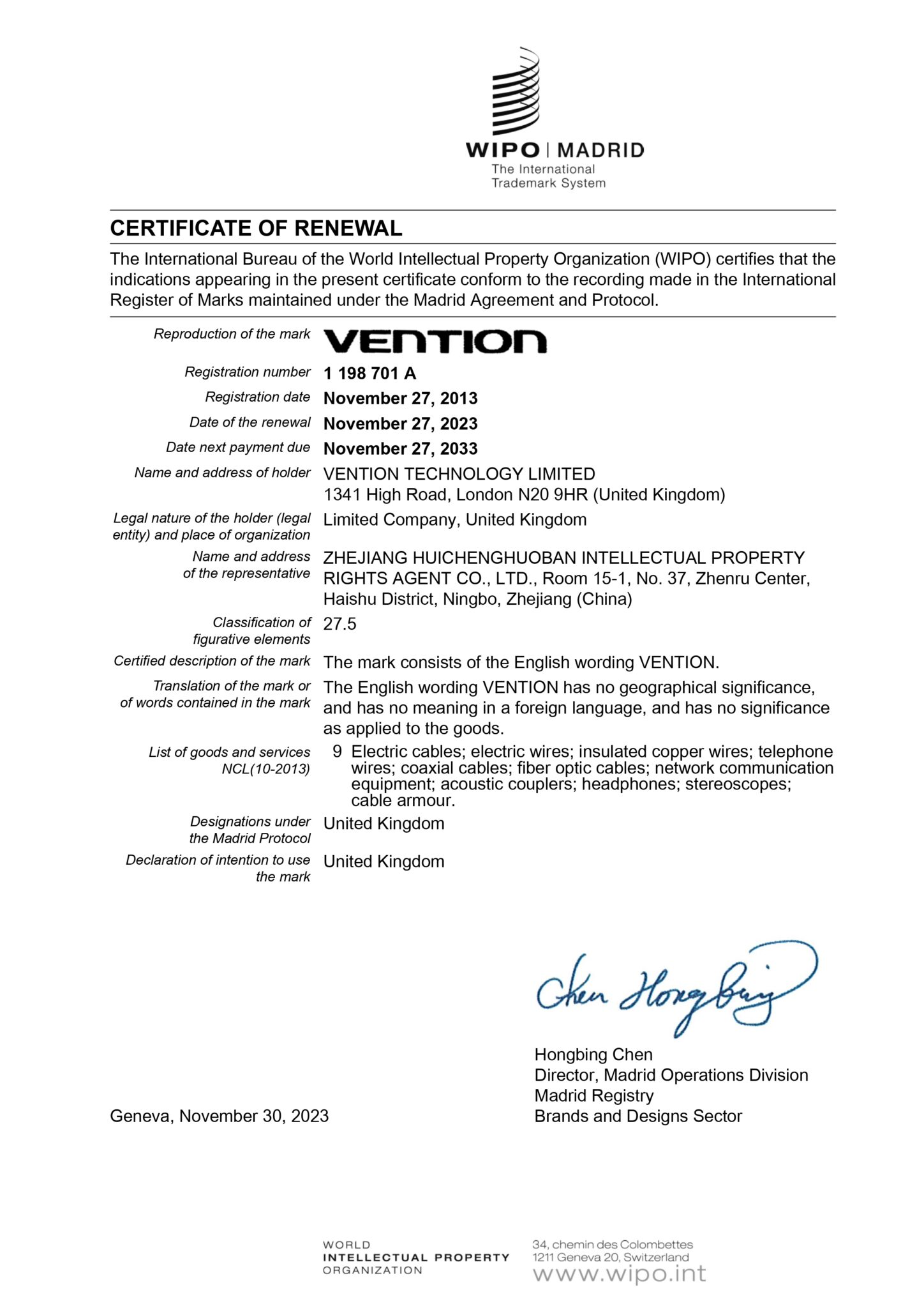 Madrid_UK_1198701A (Renewal Certificate) - VENTION